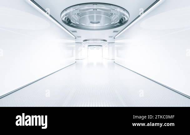 Corridor in space station or in laboratory decorated with grey color ...