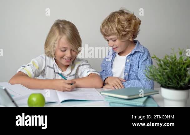 Primary elementary middle school boy girl siblings studying at desk table, writing in book and ...