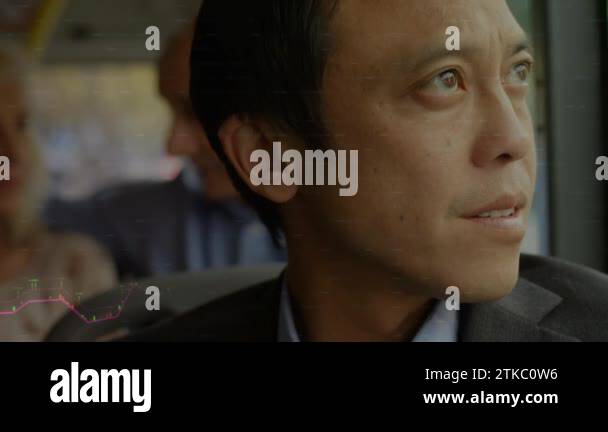 Animation of graphs over asian man looking through window of bus ...