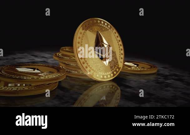 Ethereum ETH cryptocurrency golden coin turning. camera rotates around ...