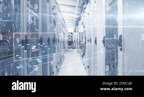 Animation of hud screens with numbers and letters over illuminated data server racks. Digital ...
