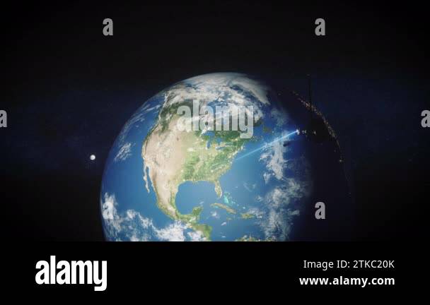 Satellite orbiting planet Earth. Visual effects representing ...