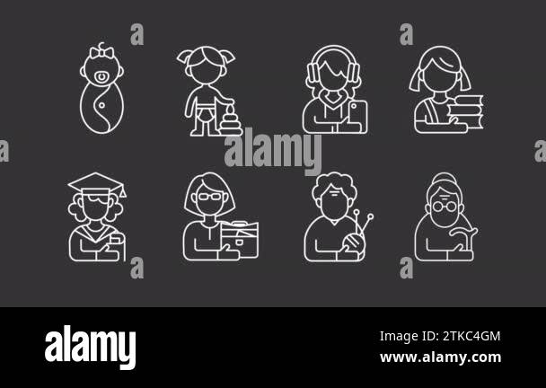 Animated females white line icons. Childhood and adulthood. Loop HD ...