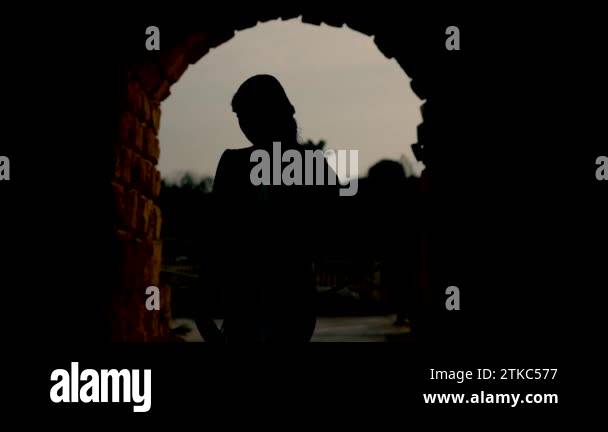 silhouette of a girl with a violin at sunset whose hair is blowing in ...