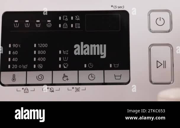 Close focus of power button of washing machine panel. Concept energy ...