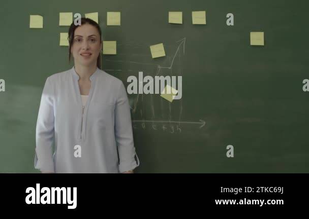 Female teacher standing in front of blackboard with pasted notes and ...