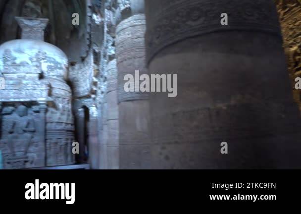 Interior of Ajanta Cave 26, Cave 26 is a worship hall with elements of ...