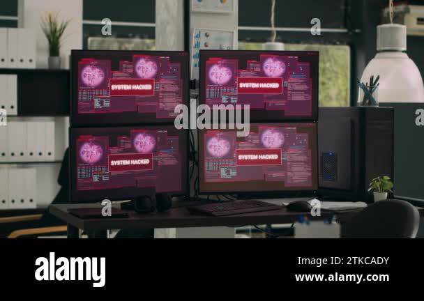 Empty agency office with multiple monitors showing system crash, error ... Empty agency office with multiple monitors showing system crash, error ...
