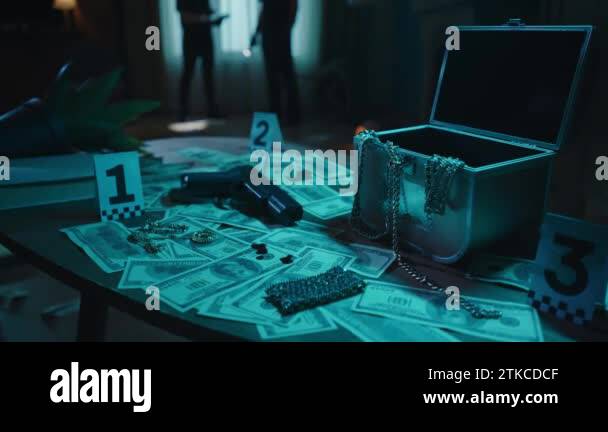 Crime scene creative concept. Table with illegal criminal objects in ...