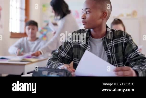 Education, stress and test with student in classroom for failure ...
