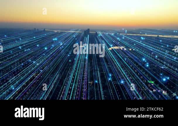 Smart City Aerial Footage. Blue lines with binary code. Futuristic ...