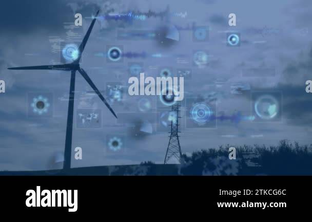 Animation of data processing with scope scanning over wind turbine. Global connections ...