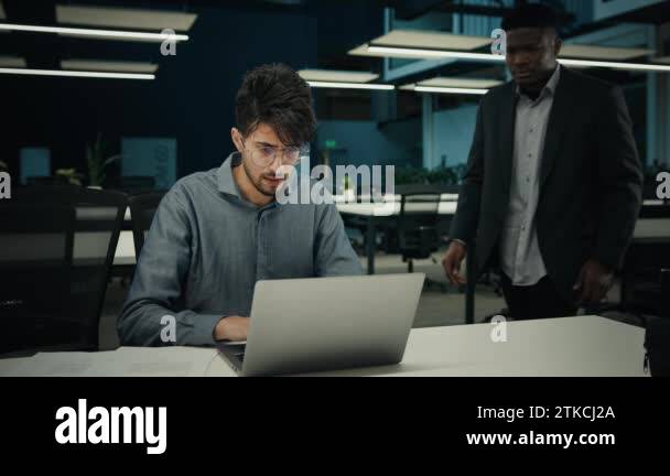 Annoyed furious african businessman shout on arabian worker angry man ...