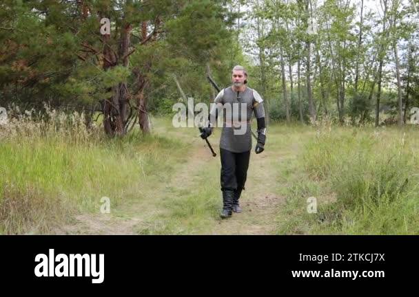A medieval warrior with gray hair, dressed in chain mail with shoulder ...