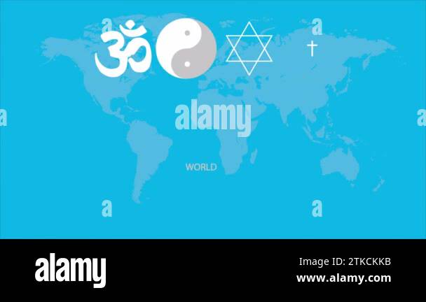 World Religion Day religious symbols on world map, art video ...