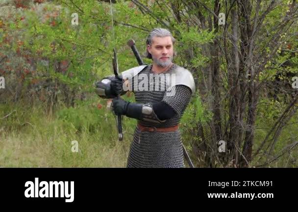 A medieval warrior with gray hair and a scar on his face in chain mail ...