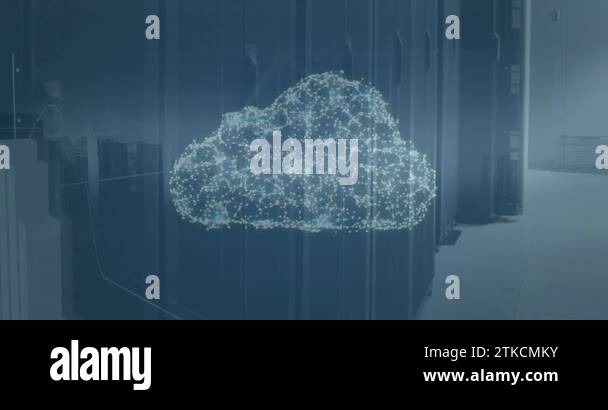 Animation of connected dots forming lock, shield, cloud and graphs over data server racks ...