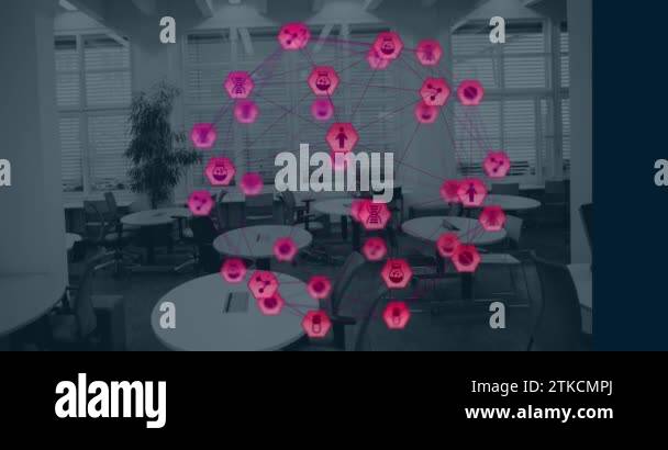 Animation of mobile application icons forming globe over empty tables ...