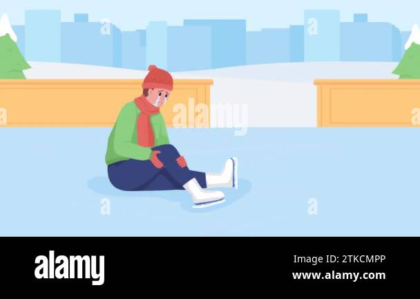 Animated kid slipped on skating rink. Knee injury. Crying boy. Winter ...