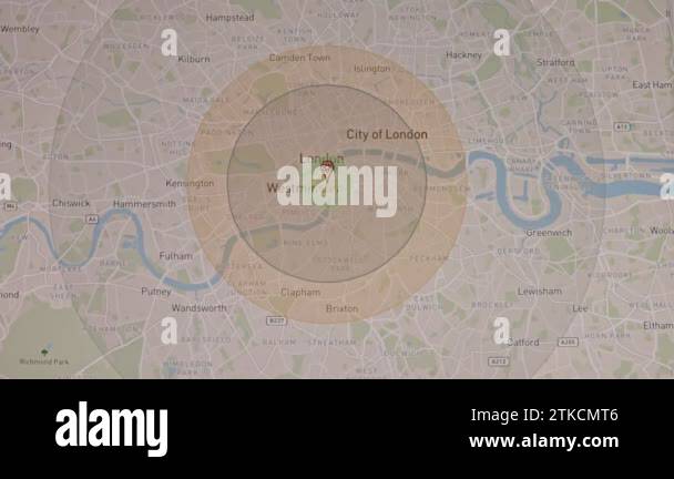Simulation of nuclear bomb explosion radius over London, UK. Nuclear ...