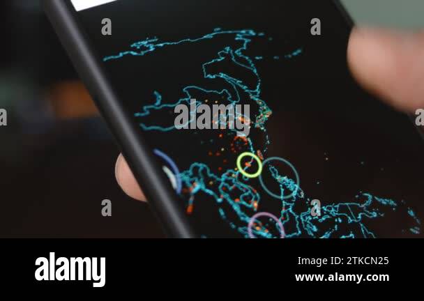 Cyber attack map navigation on smartphone. Displays Show Various ...