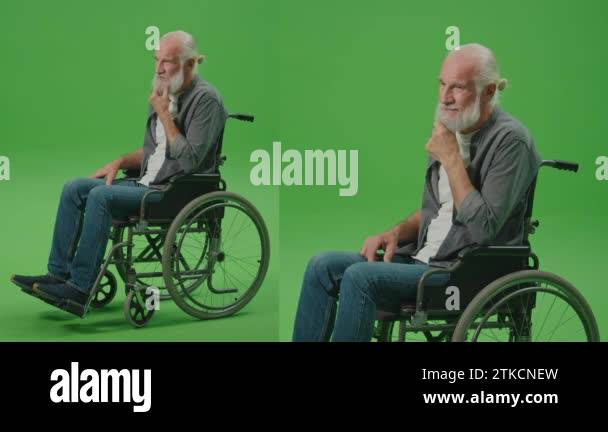 2-in-1 Split Green Screen Montage. A Thoughtful Old Man in a Wheelchair ...