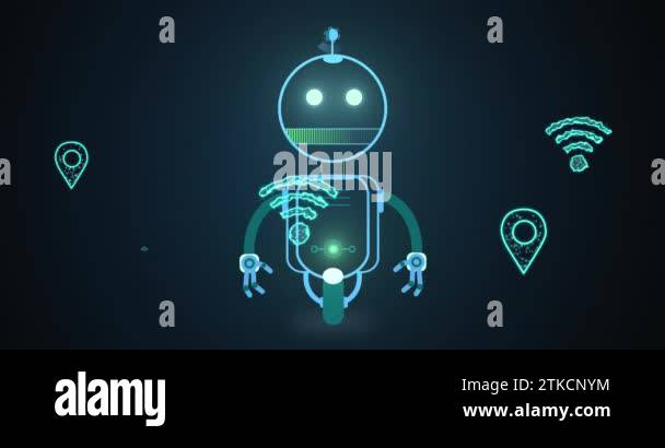 Animation of ai chatbot icon and digital cloud and wifi icons. Global ...