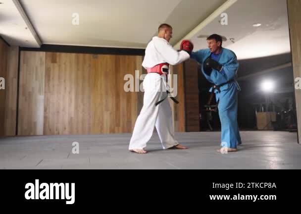 Two martial arts men in kimonos and gloves practicing kicks and punches ...