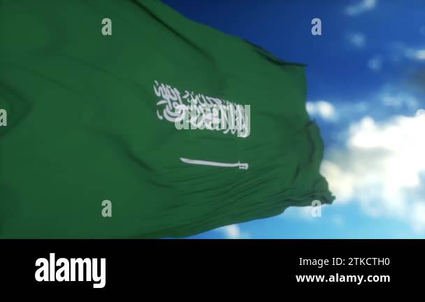 Realistic Flag of Saudi Arabia waving at wind in slow with blue sky ...