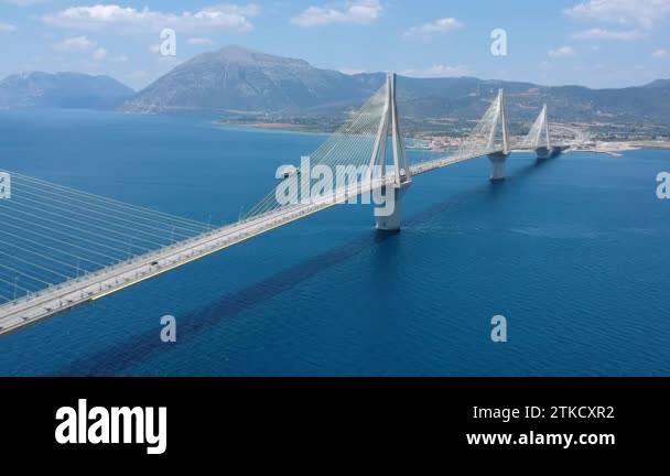 Aerial view of Rio Antirrio or Charilaos Trikoupis Bridge, one of the ...