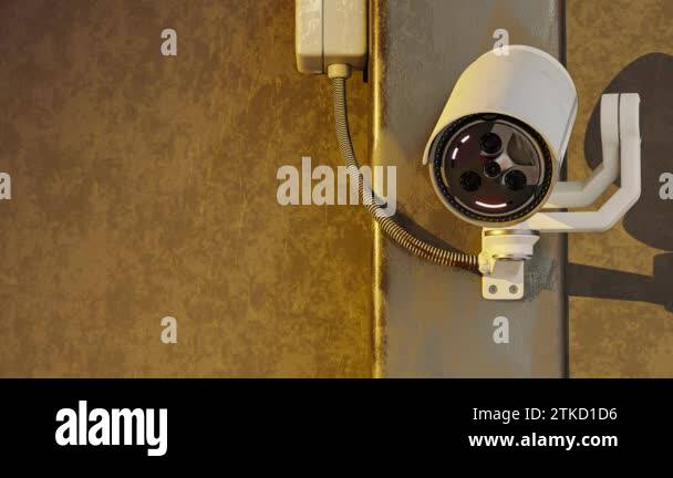 CCTV camera fixed on metal pole on cement wall background. Scan the ...