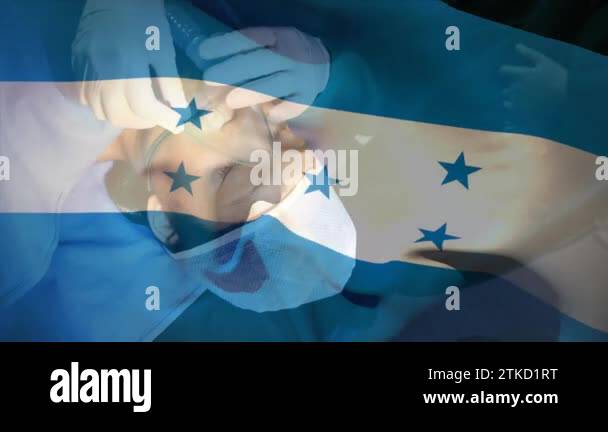 Animation of waving honduras flag against doctor placing oxygen mask on ...