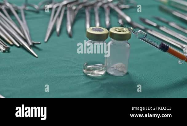 Set of surgical instruments. Tweezers, scalpels, saws, amputation ...