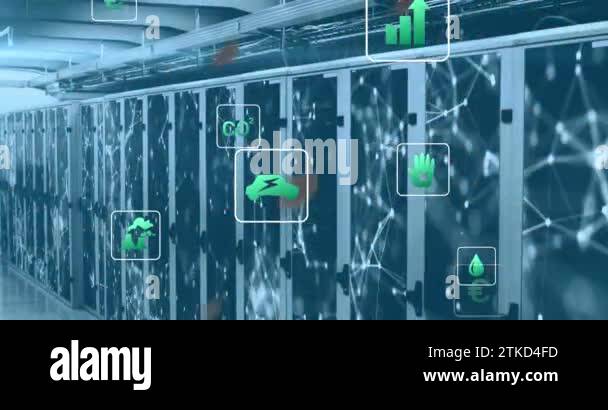 Animation of green technology icons and connected dots on data server ...