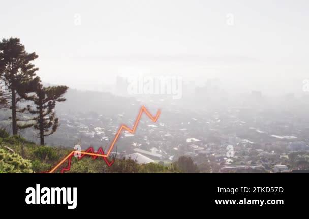 Animation of line graphs showing growth over aerial view of silhouette ...