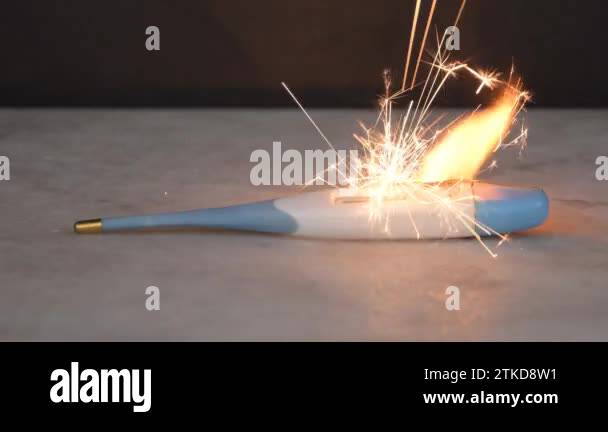The battery has ignited in the electronic thermometer, fire, flame and ...