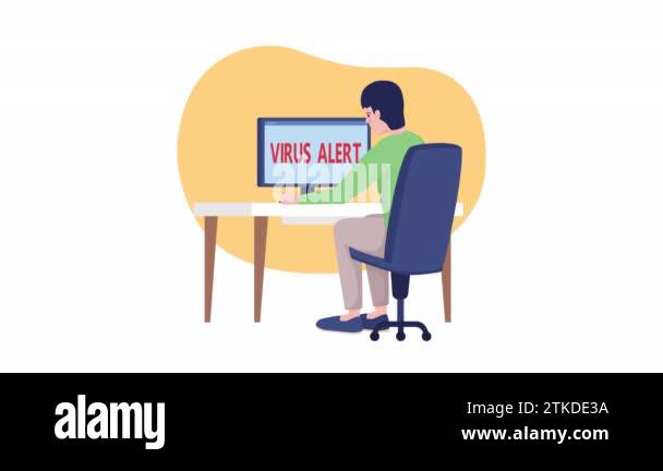 Animated virus alert. Malicious software hazard. Full body flat person ...