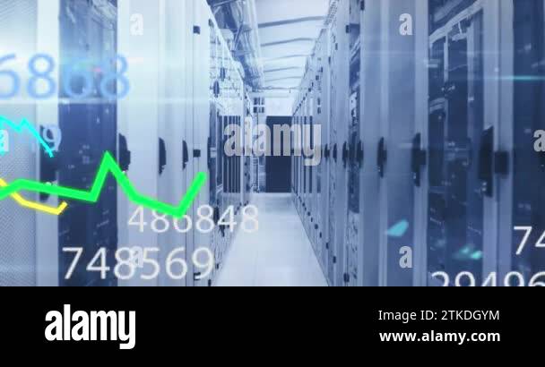 Animation of graphs and changing numbers with lens flares over data server room. Digital ...