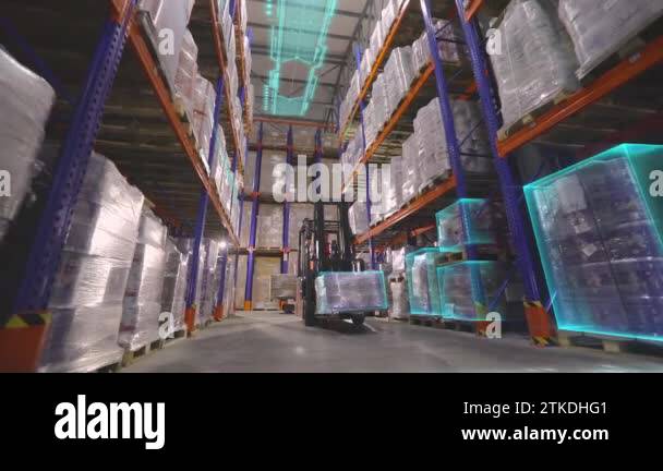 Modern forklift in a warehouse. Visualization of modern technologies. Forklift in a large modern ...