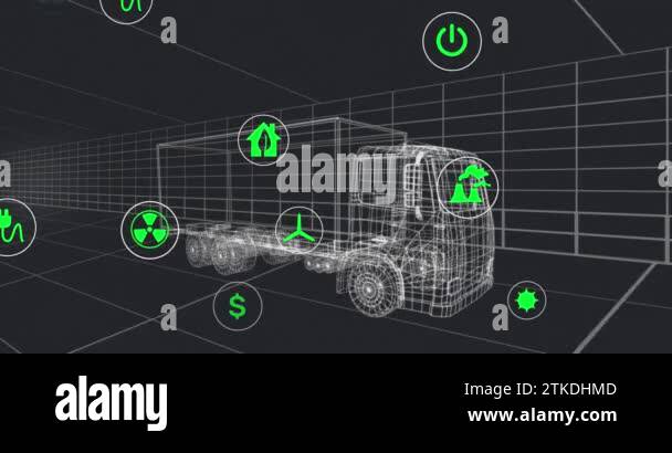 Animation of 3d truck and multiple icons in circles over grid moving on ...