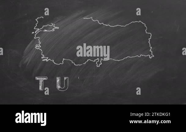 Map of Turkey with name and flag inside drawn in chalk on a blackboard ...