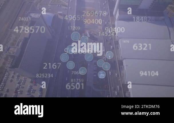 Animation of icons forming globe and increasing numbers over aerial view of city. Digital ...