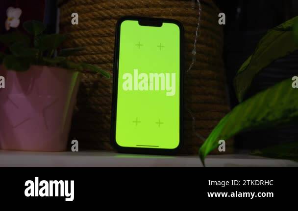 Chromakey on the phone screen. phone with chroma key. phone with greenscreen among plants Stock ...