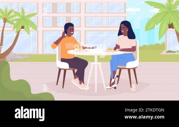 Animated going out together. Mother and son eating at cafe and enjoying ...