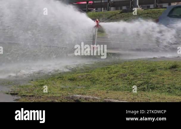Broken Fire Hydrant Spraying High Pressure Water at Park and Street ...