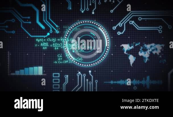Animation of mathematical equations over scope scanning, world map and ...
