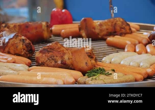 meat. street food. close-up. homemade sausages and other varieties of ...