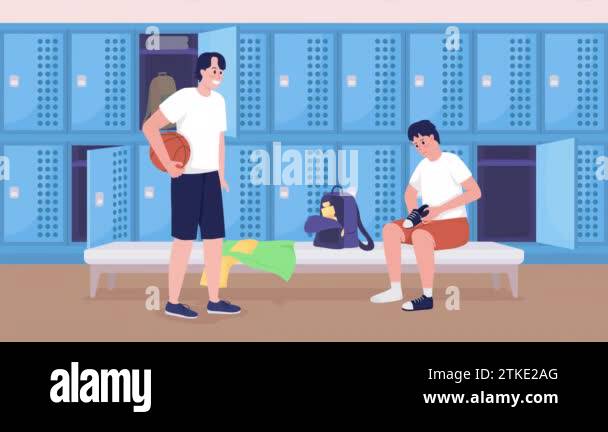 Animated high school locker room. Boy changing outfit for physical ...
