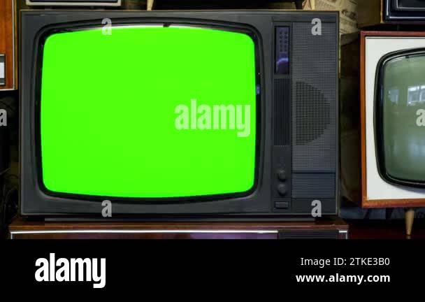 Old retro television with grey interference screen and switching to ...