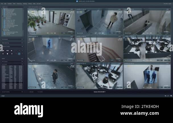 Playback CCTV cameras in office on computer screen. Surveillance interface with AI futuristic ...